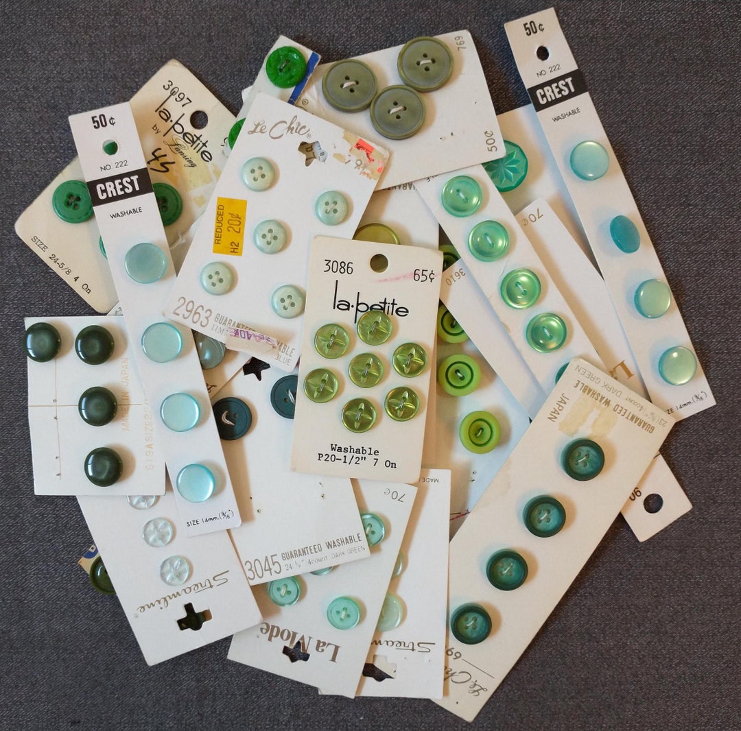 Vintage Buttons on Cards, Lot of 23 Cards, Shades of Green, Mixed ...