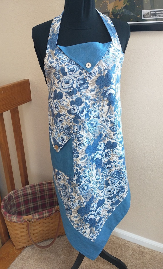 Women's Apron Four Corners Apron Blue and Taupe Floral | Etsy