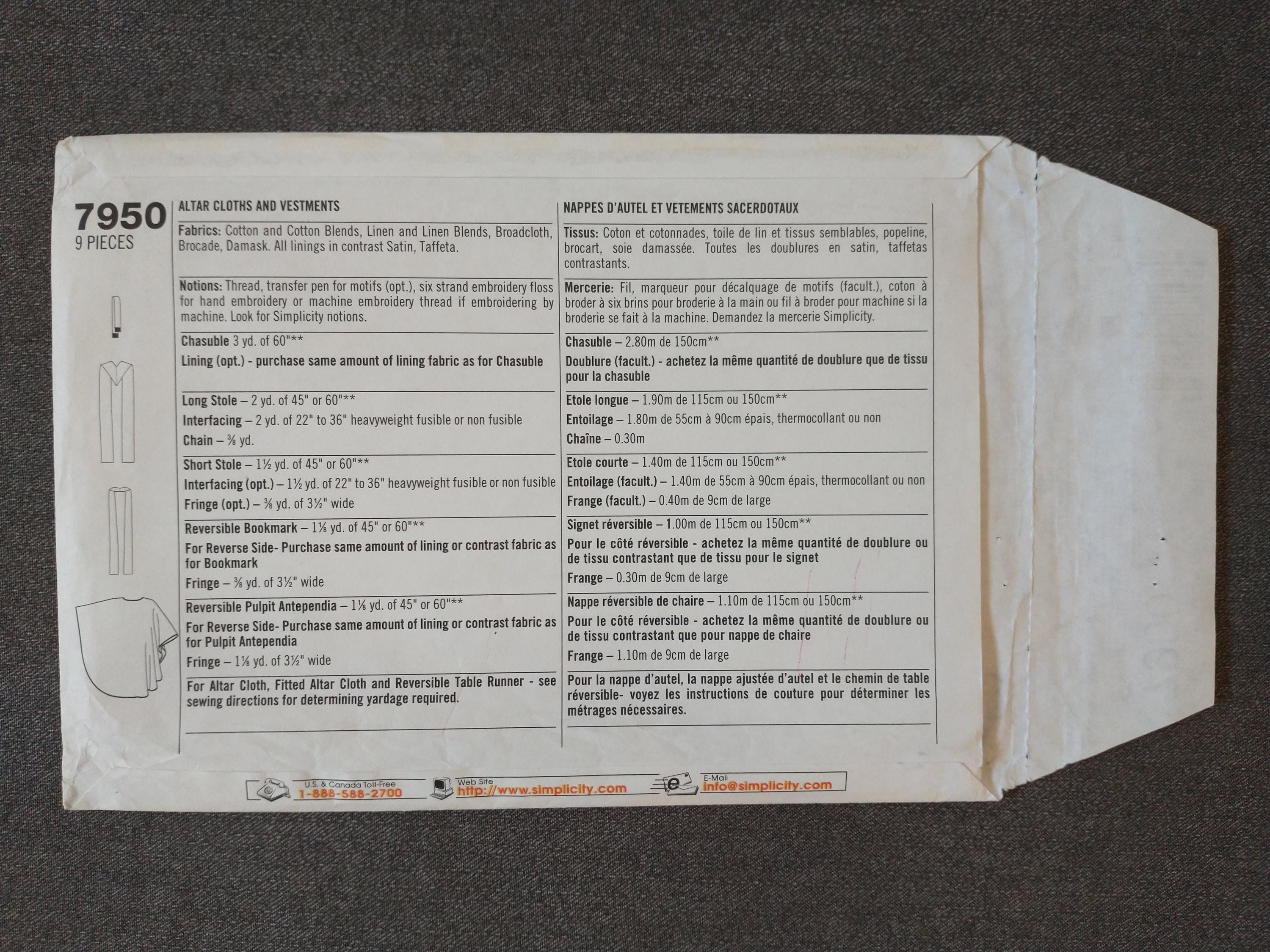 VINTAGE Men's Vestments Pattern, Altar Cloths Pattern, Simplicity 7950 ...