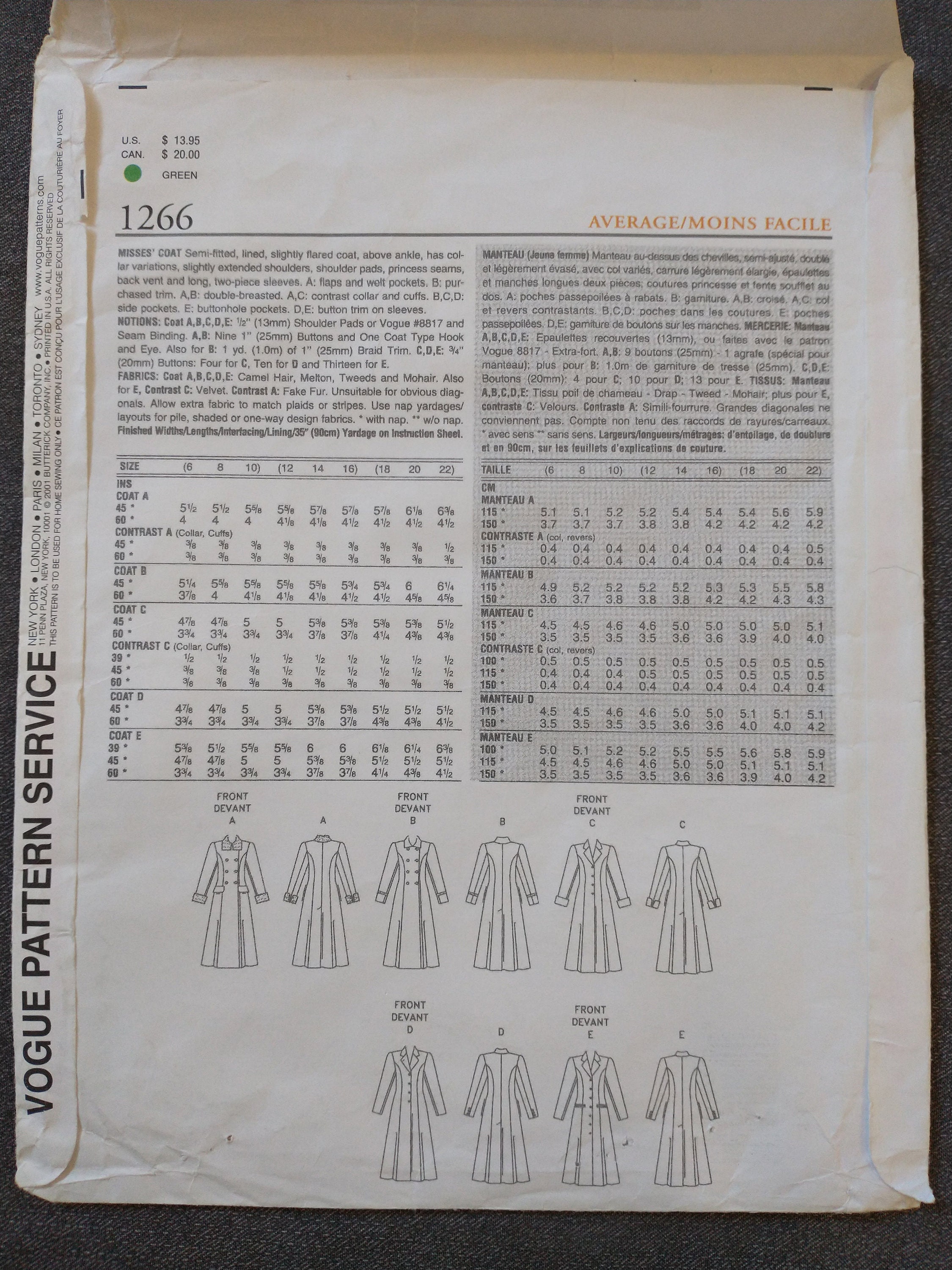 Vintage Misses' Vogue 1266 Pattern, Vogue Basic Design, Misses' Coat ...