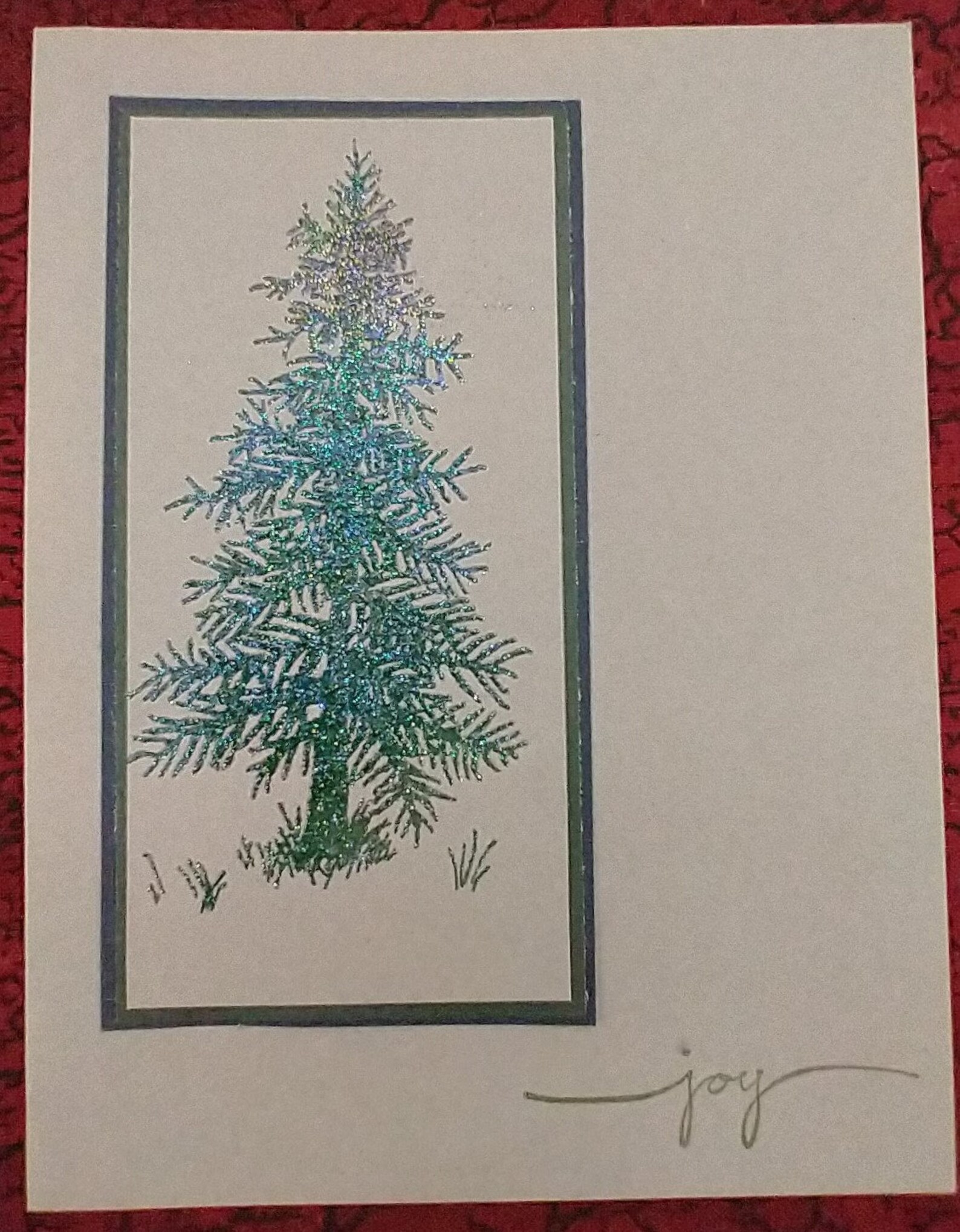 Hand Stamped Christmas Cards, Tall Pine Tree, Blue and Green, Sparkle ...