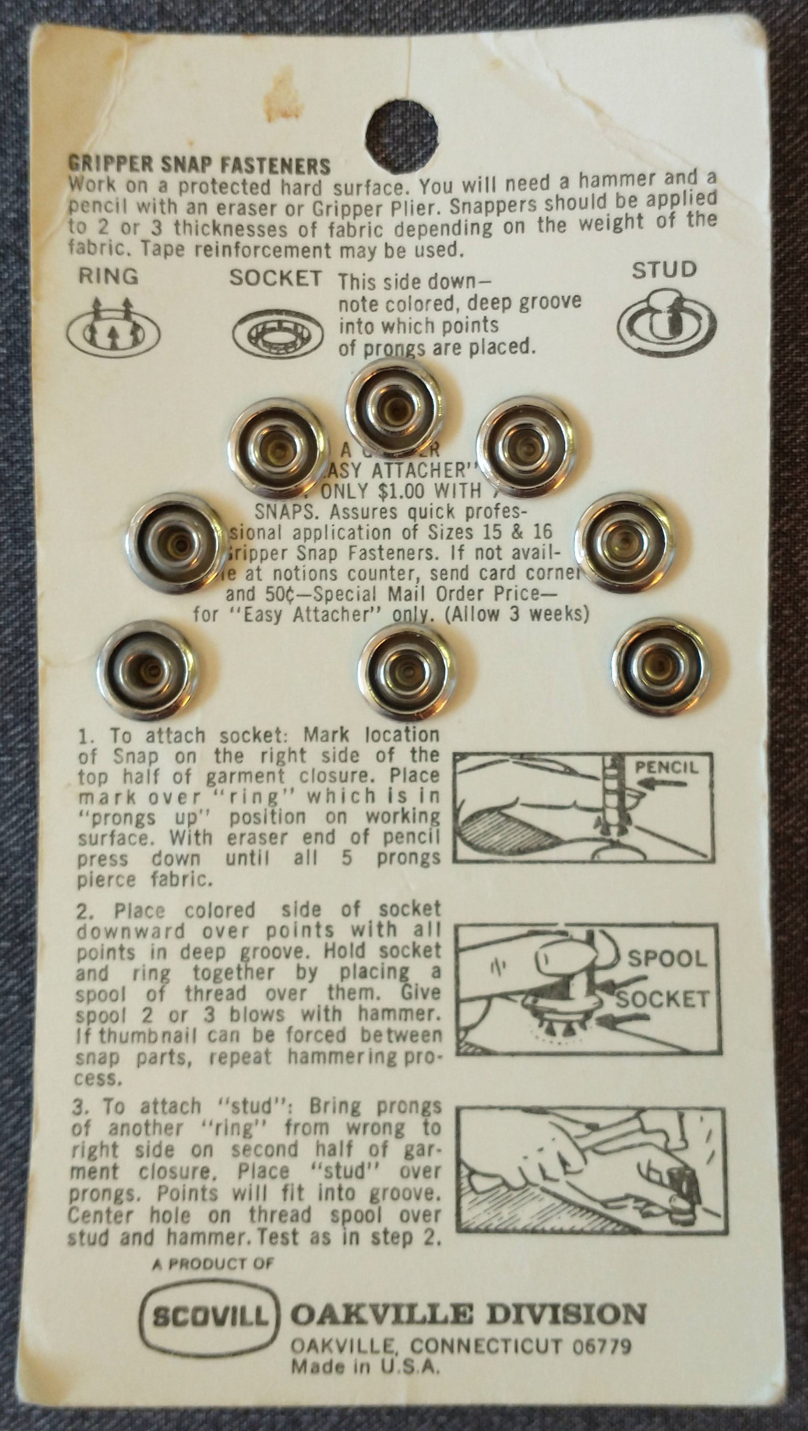 Vintage Scovill Clinton Gripper Snap Fasteners, for Thicker Fabrics ...