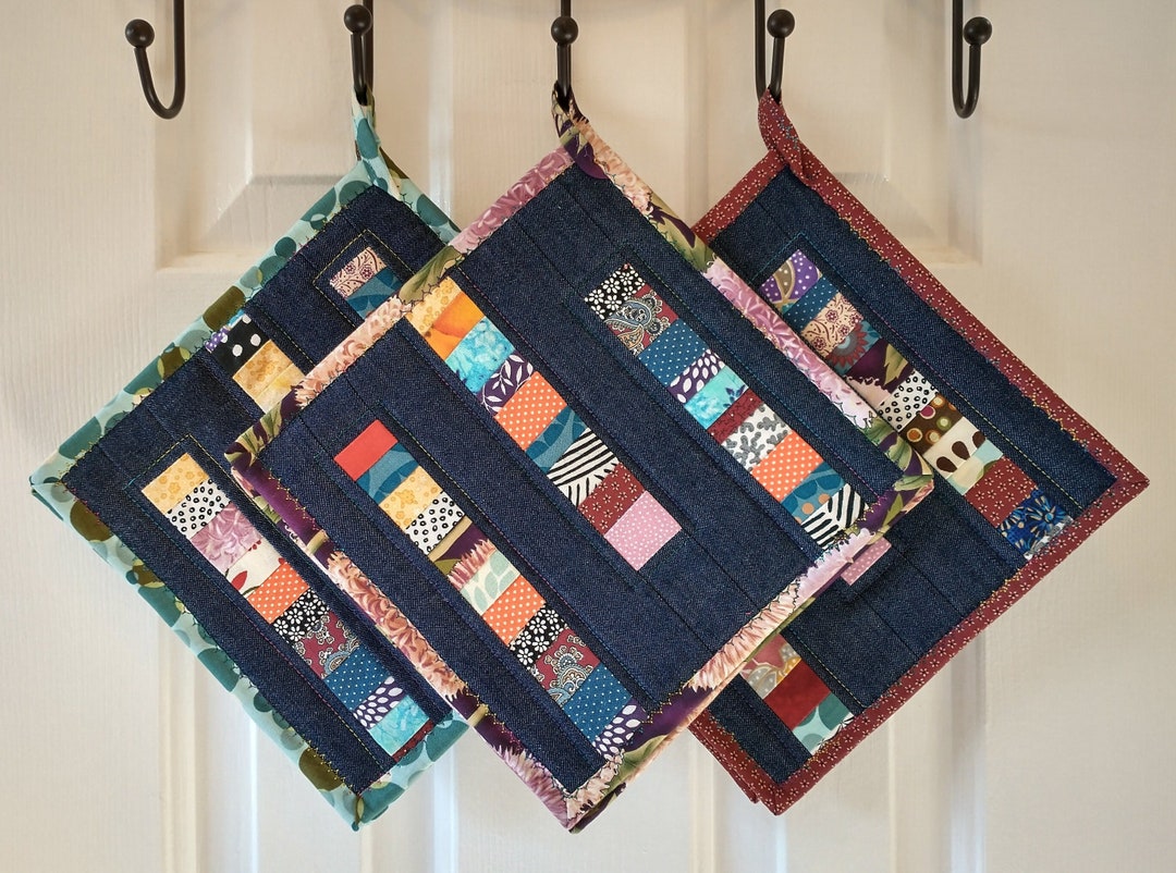 Set of Two Quilted Denim Pot Holders, Skinny Strip Quilting, Extra ...