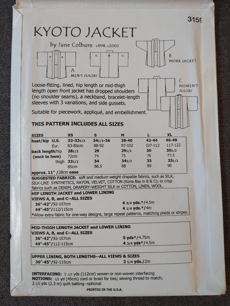 Rare Vintage Kyoto Jacket Pattern From June Colburn Designs | Etsy