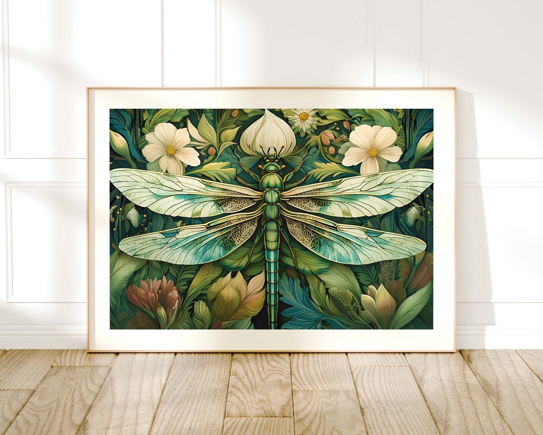 William Morris Style Dragonfly Print, Vintage Botanical Wall Art, Art ...