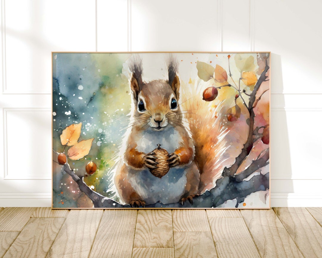 Squirrel Watercolour Painting, Woodland Animal Print, Farmhouse Living ...
