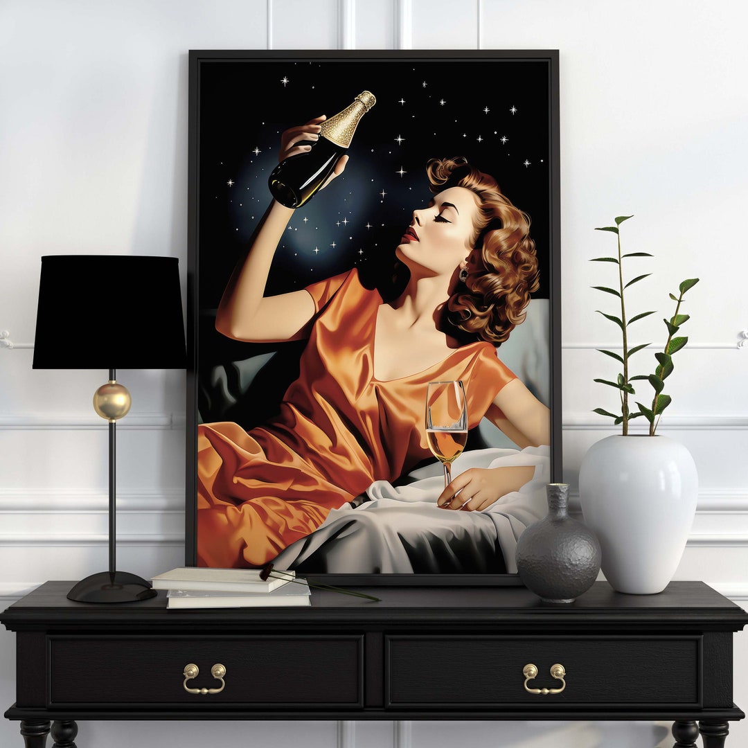 Woman Drinking Wine in Bed Print, Funny Retro 50s Bedroom Poster ...