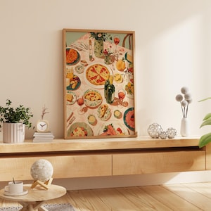 Retro Dinner Table Cute Food Print, Vintage Ephemera Kitchen Poster ...