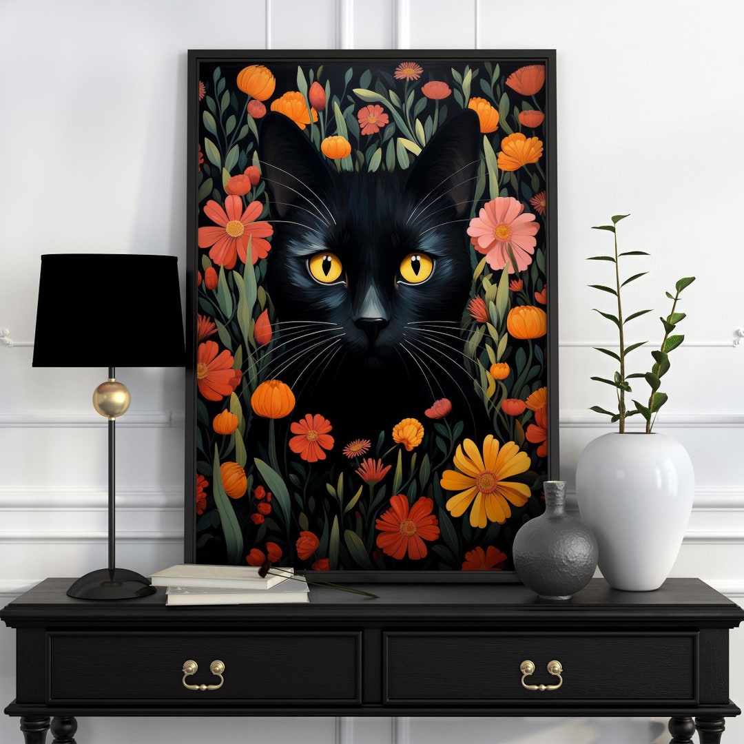 Dark Moody Cat Flower Print, Cottagecore Aesthetic Animal Gallery Wall ...