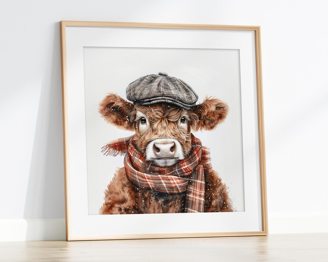 Vintage Highland Cow Print, Watercolour Animal in Clothes Wall Art ...