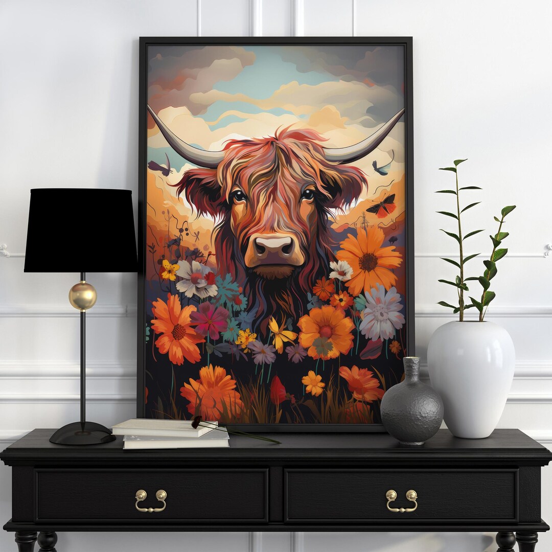 Dark Moody Highland Cow Flower Print, Cottagecore Aesthetic Animal Wall ...
