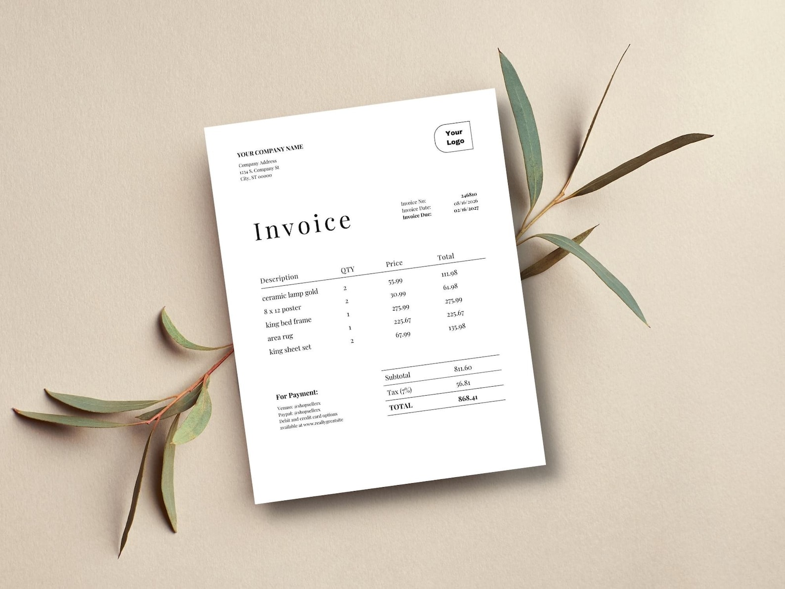 Invoice Template, Simple Invoice Template for Business, Black and White ...