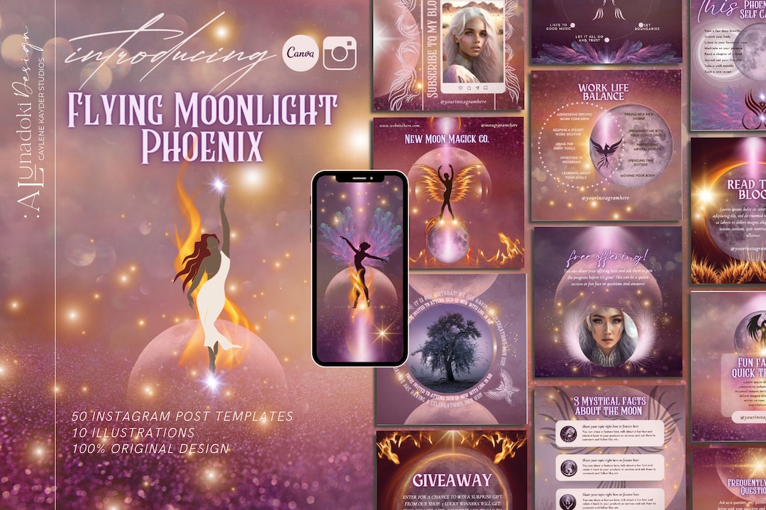 Spiritual Instagram Post Template, Pink and Gold Canva Design, Phoenix ...