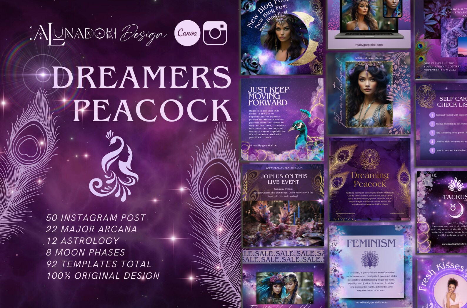 Peacock Goddess Instagram Templates: Purple Gold Canva Posts (92 Total ...