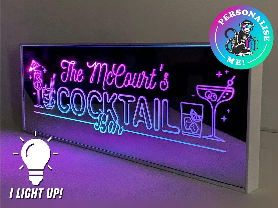 Personalised LED Neon Cocktail Bar Mirror Sign - Custom Home Bar Decor ...