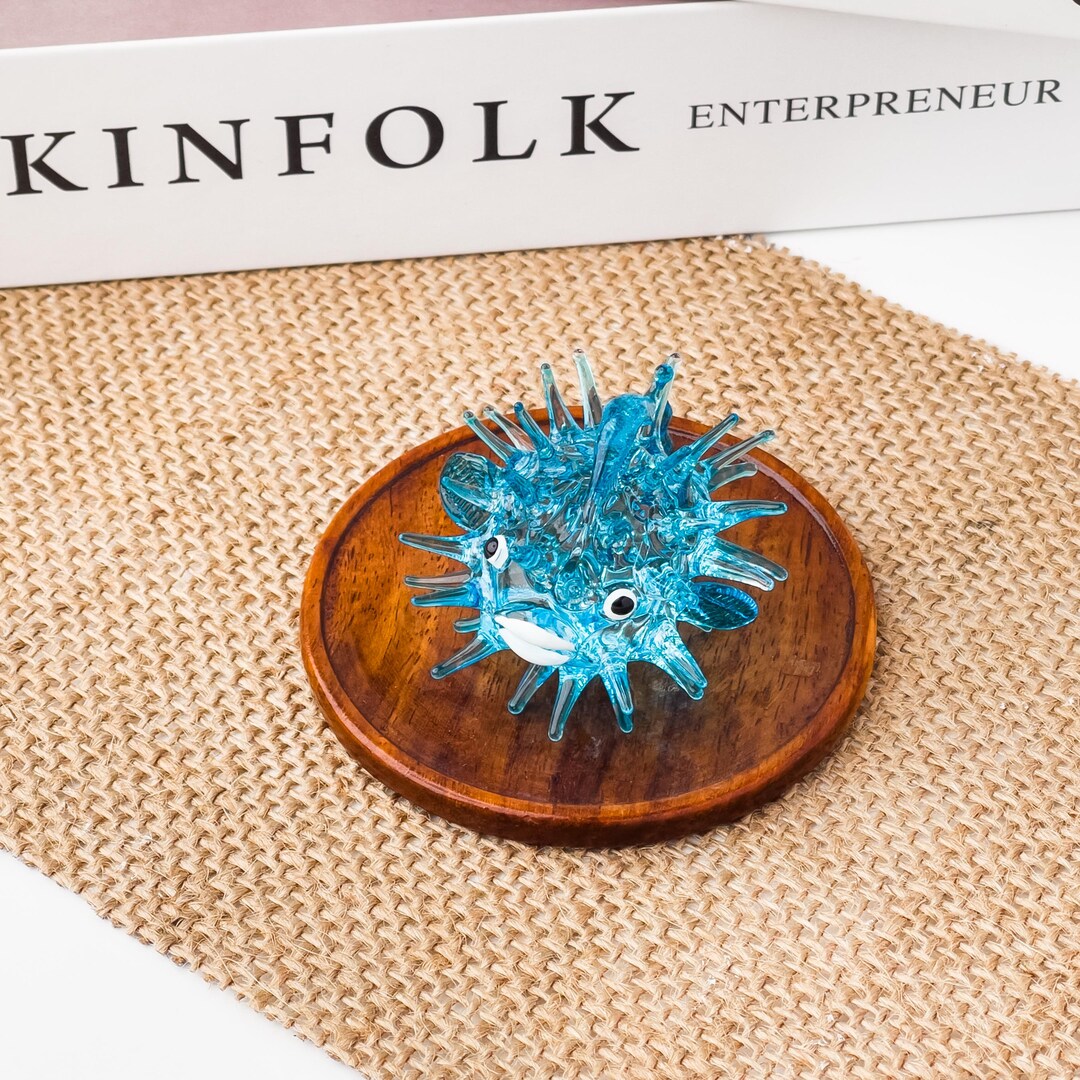 Handmade Blown Glass Pufferfish Figurine, Ocean Blue Spiky Fish Decor ...