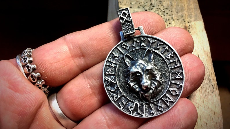 Silver Wolf Pendant Wolf and Runes Runic Symbols Runic - Etsy