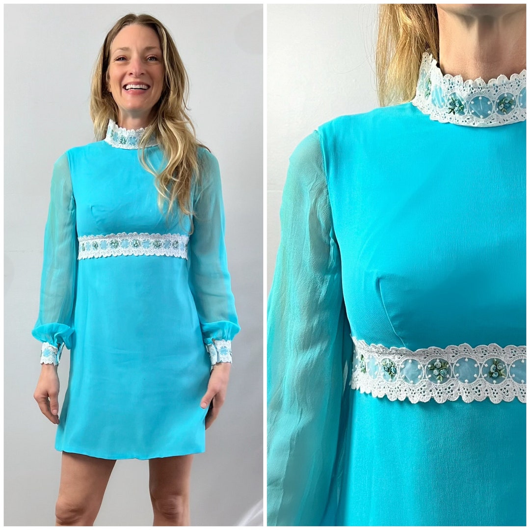 Vintage 60s Mini Dress/1960's Robins Egg Blue Sheer Sleeve Floral Lace Mod Mini Dress/mid ...
