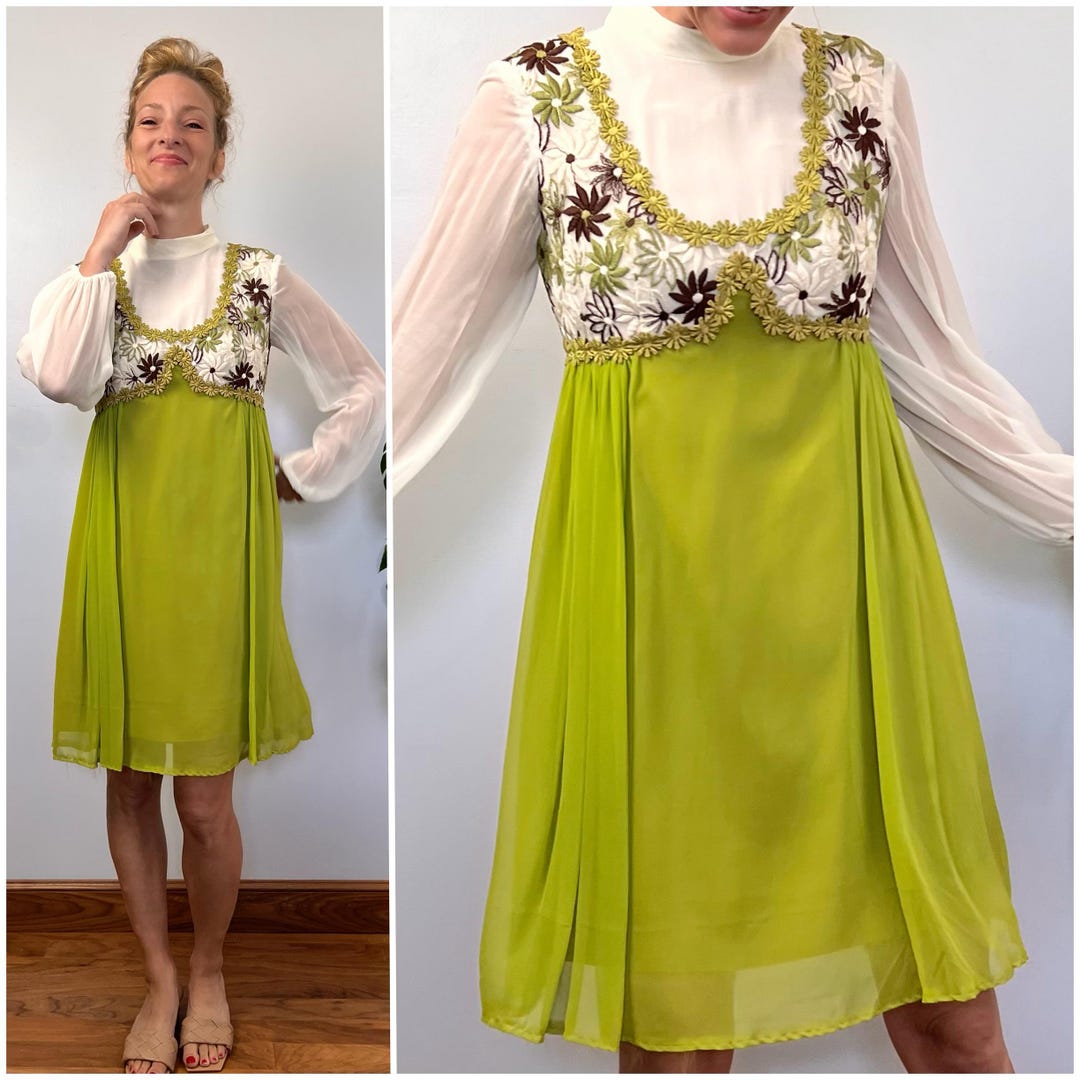 Vintage 60s Mini Dress/1960's Avocado Green Floral Embroidered Mini Dress/fall Mod Mid Century ...