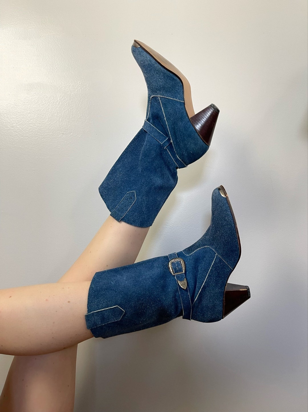 Vintage 70s Blue Suede Boots/1970's Pinwheels Suede Denim Leather ...