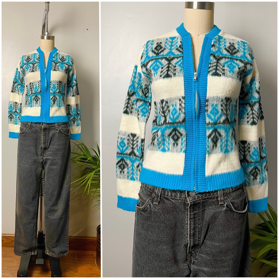 Vintage 60s Mohair Alpine Cardigan/1960's Furry Wool Knit Zipper Front ...