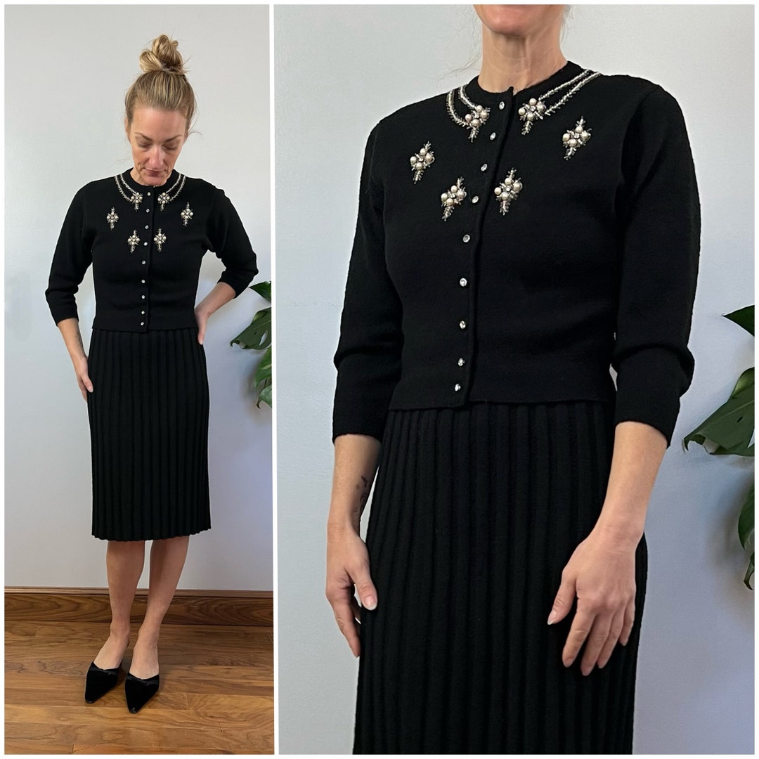 Vintage 50s Knit Skirt Set/1950's Beaded Bejeweled Knit Sweater and ...