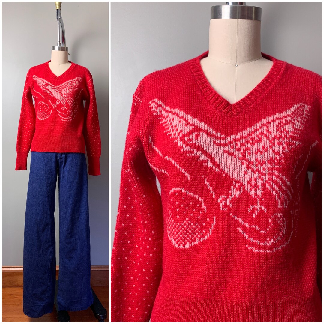 Vintage 1950's Puritan Bird Sweater/50s Red and White Wool Eagle V Neck ...