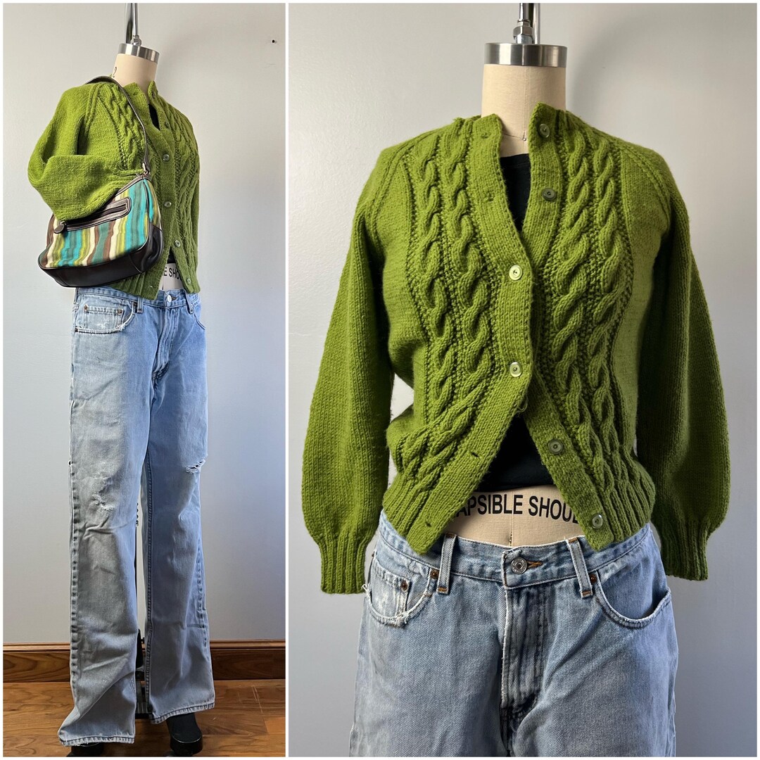 Vintage 60s Cardigan Sweater/1960's Handknit Avocado Green Cableknit ...