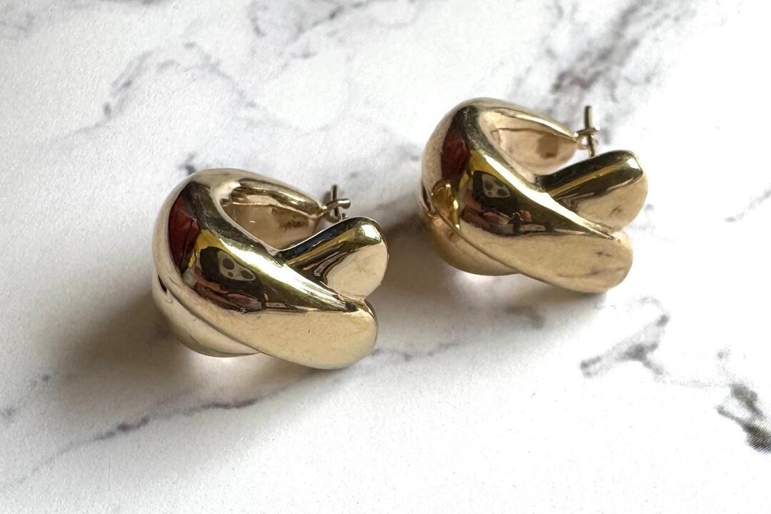 14k Solid Gold Vtg Peter Brams Chunky Polished Huggies Hoop Earrings ...