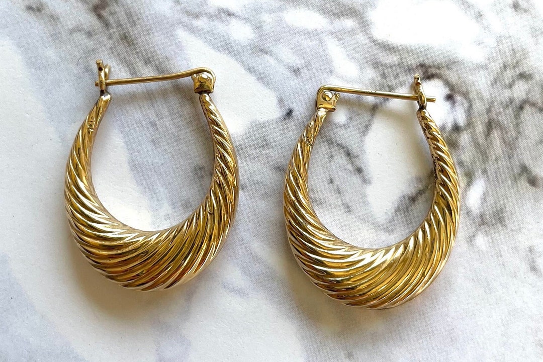 14kt Solid Gold Swirly Shrimp Hoop Earrings Vintage Precious Jewelry ...