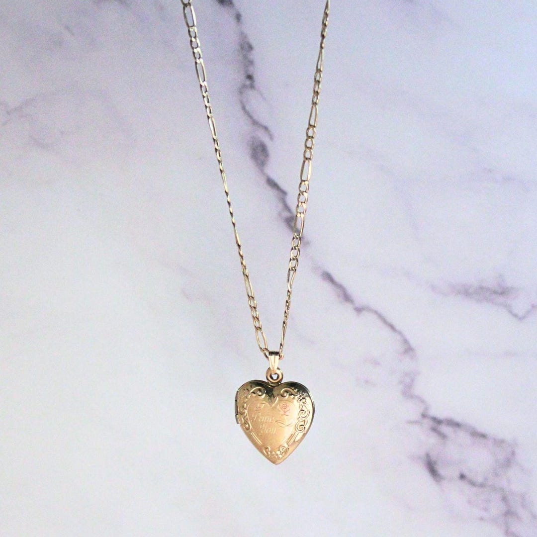 10k Gold Heart Locket Necklace: Engraved Vintage Figaro Chain - Etsy