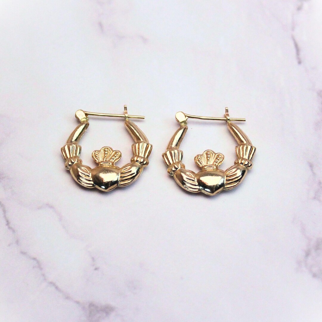14k Solid Gold Claddagh Heart Hoop Earrings Love Loyalty & a Little ...