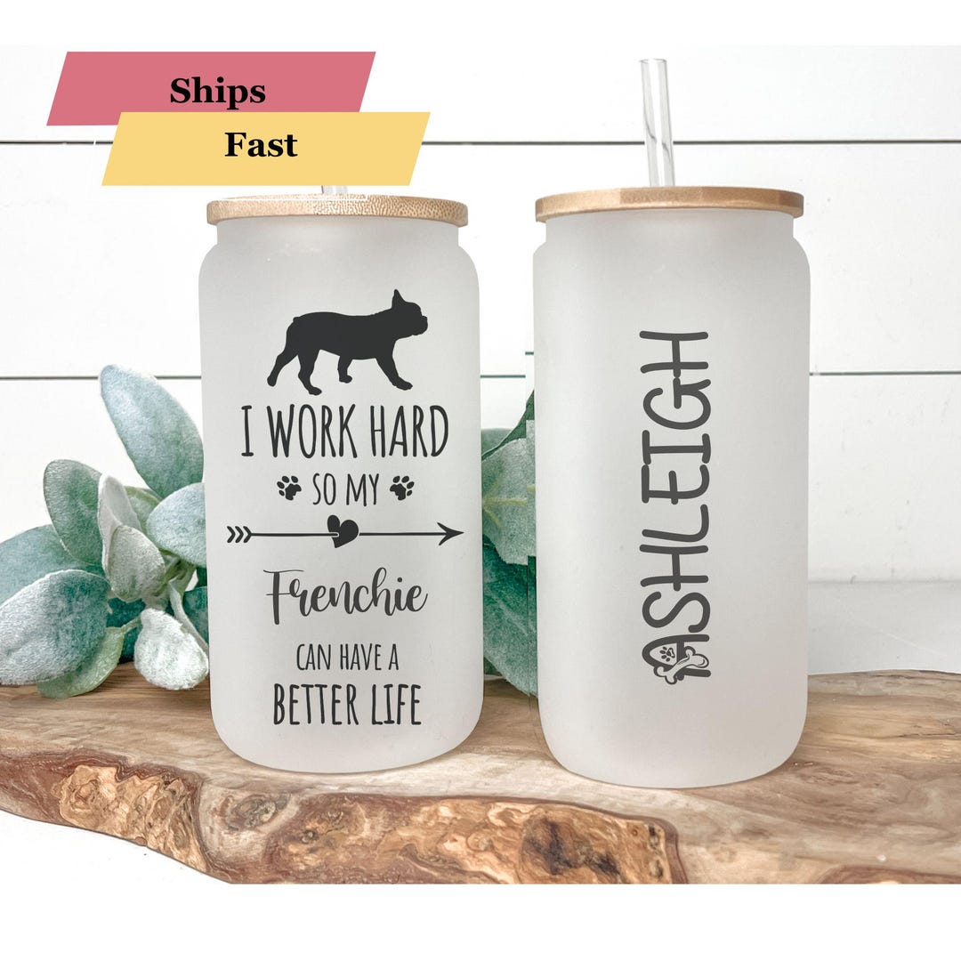 Personalized Frenchie Glass Tumbler: Dog Mom Gift With Bamboo Lid - Etsy