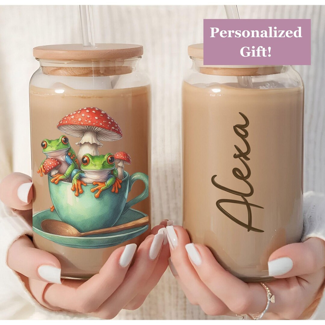 Frog Gifts, Personalized Frog Iced Coffee Cup, Frog and Mushroom ...