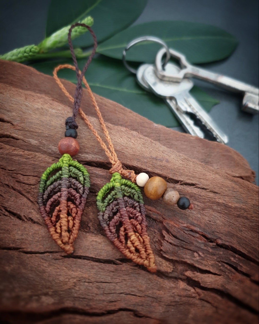 Macrame Keychain With Leaf // Natural Cell Phone Charm Pendant AUTUMN ...