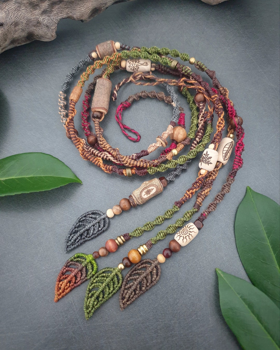 HANAHONUA COLLAB Unique Dreadwrap Natural Wood Dread Bead Macrame Leaf ...