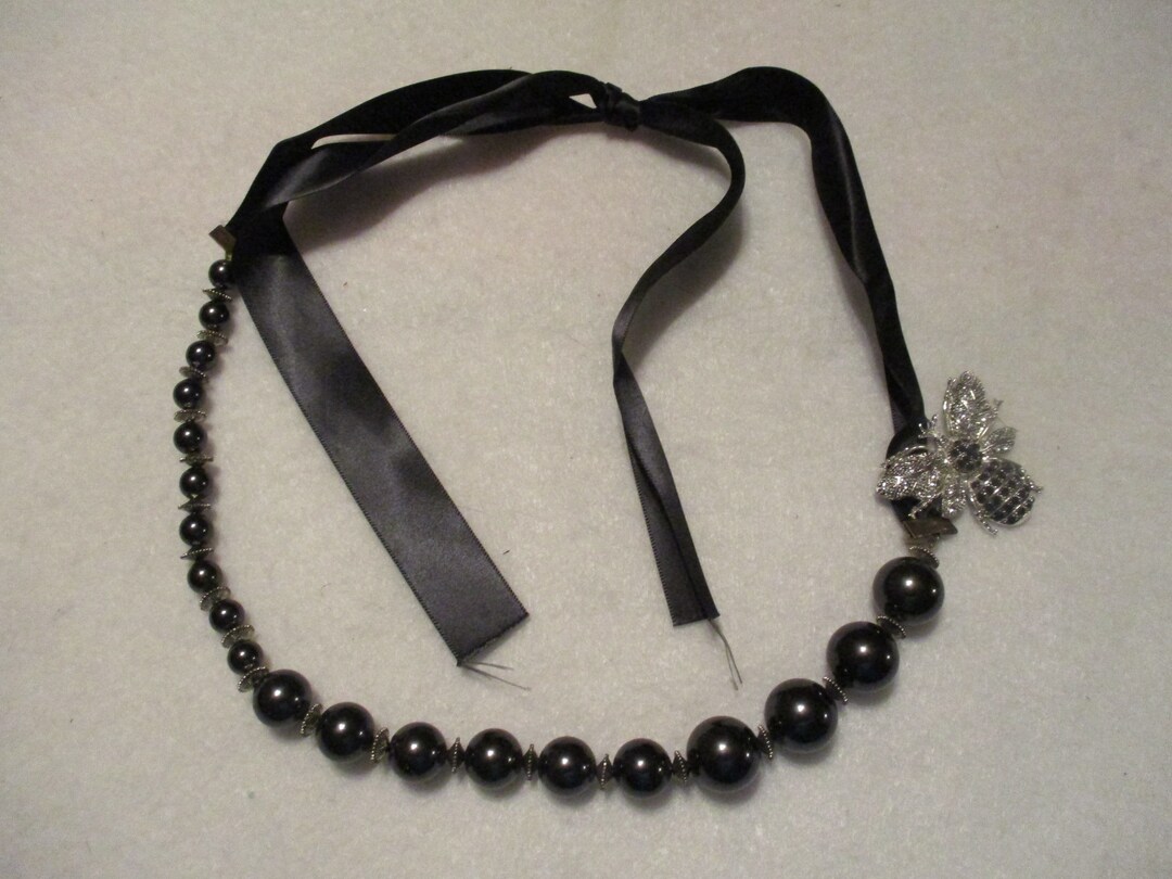 Black Bead Necklace W/black Satin Ribbon & Bee Accent - Etsy