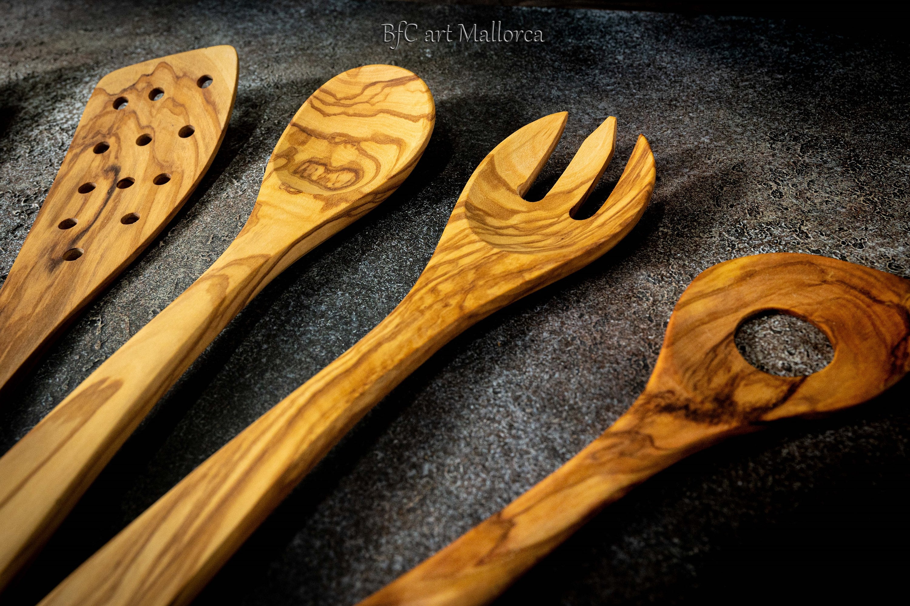 Olive Wood Kitchen Utensils Set of 5, Cooking Cutlery Olive Wood Set ...