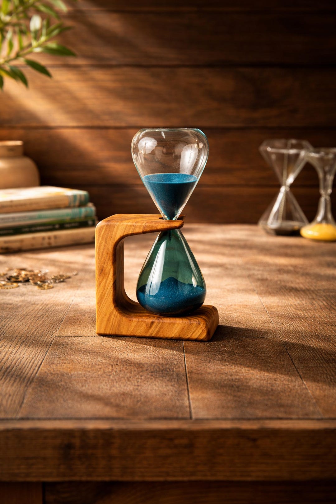 Table Sand Clock Decorative Hourglass Holder of 15 Min. in Olive Wood ...
