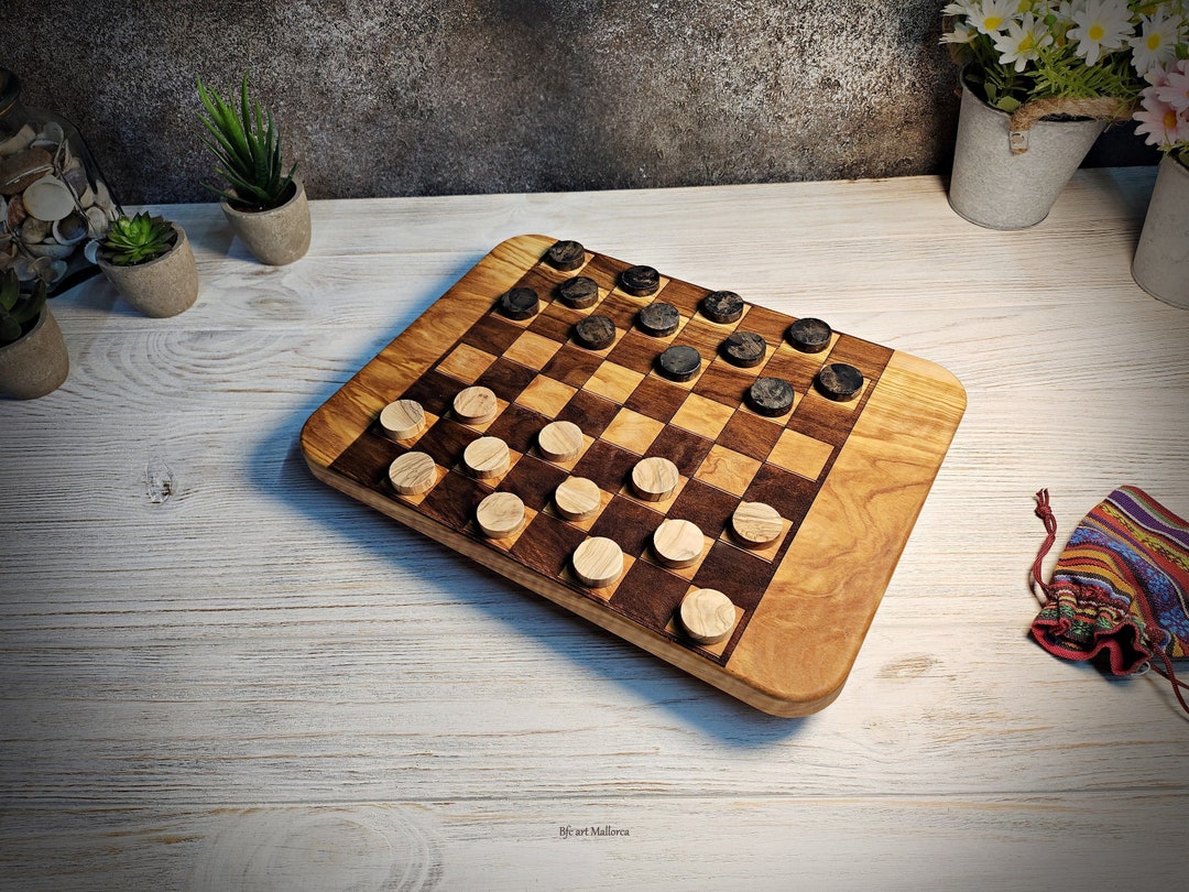 Handmade Olive Wood Checkers Board Game Set - Beautiful Rustic Design ...