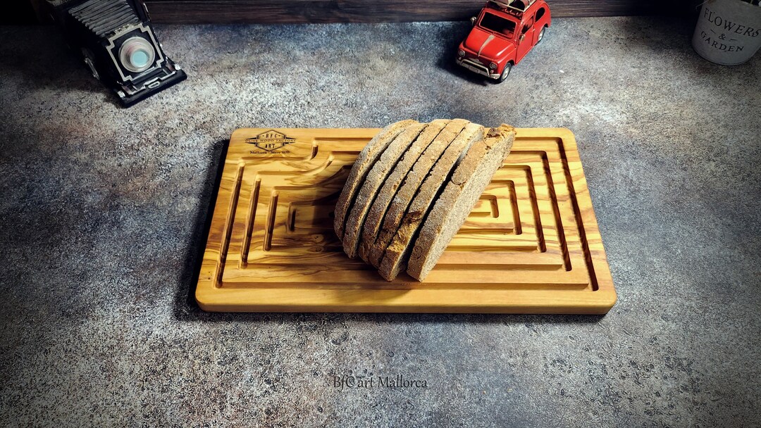 Unique Olive Wood Bread Board With Crumb Catcher, French Style Crumb ...