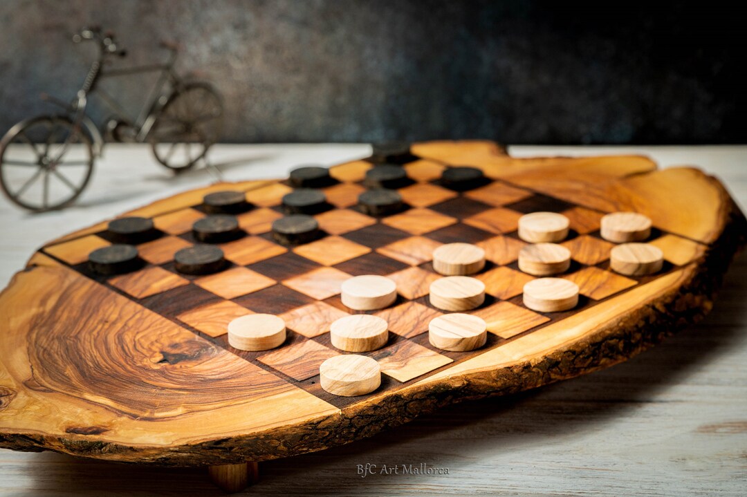 Handmade Checkerboard Live Edge Olive Wood, Checkerboard Rustic Wooden ...