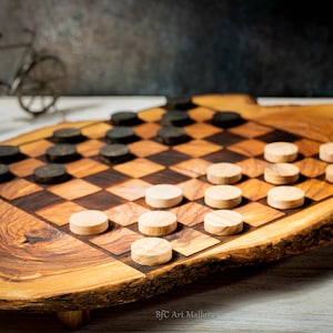 Handmade Checkerboard Live Edge Olive Wood, Checkerboard Rustic Wooden ...