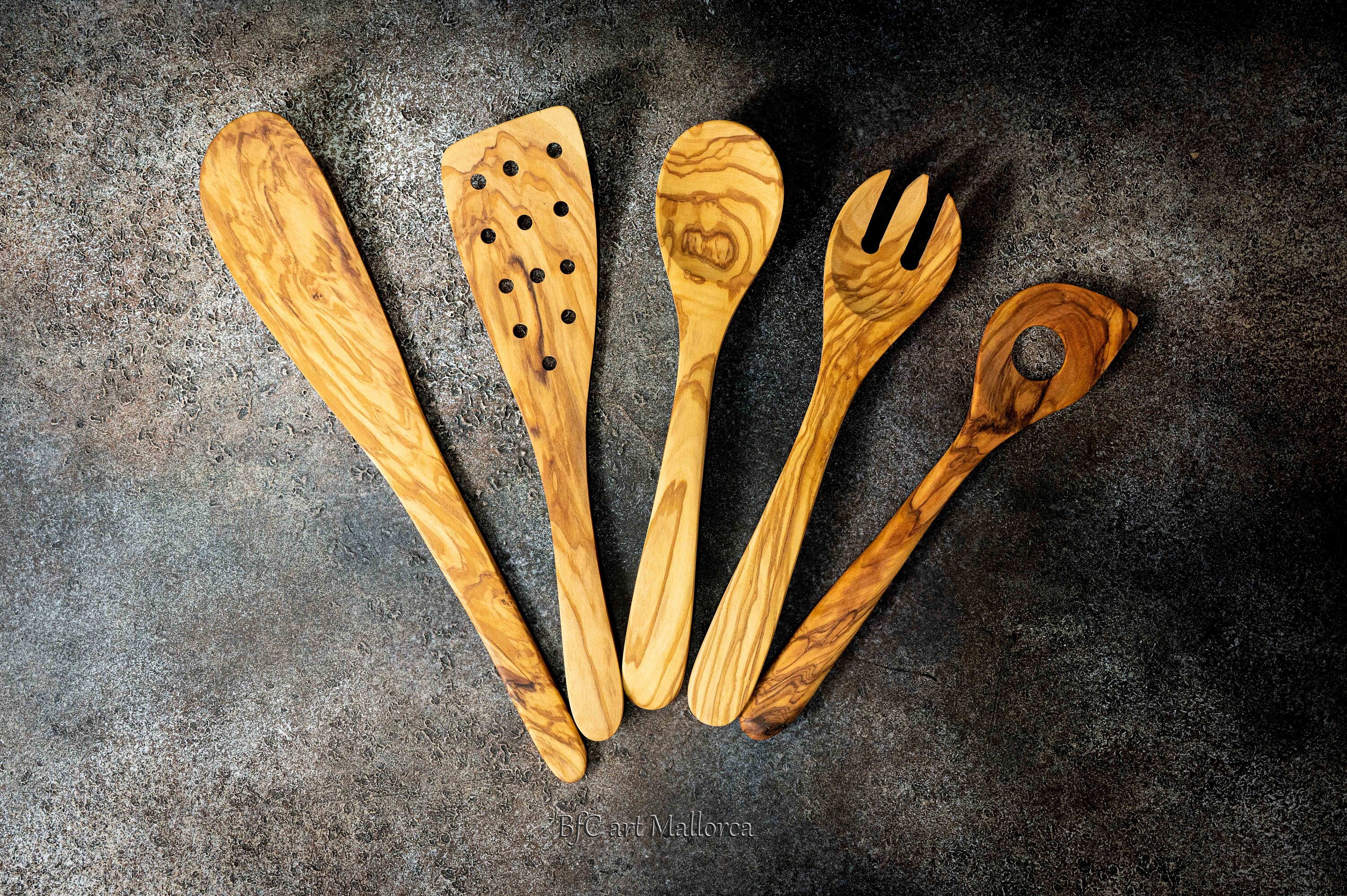 Olive Wood Kitchen Utensils Set of 5, Cooking Cutlery Olive Wood Set ...