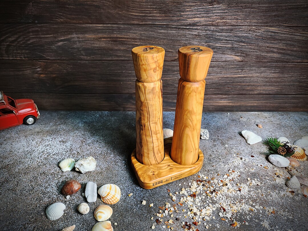 Handcrafted Olive Wood Pepper Mill Set With Tray, Traditional Spice ...
