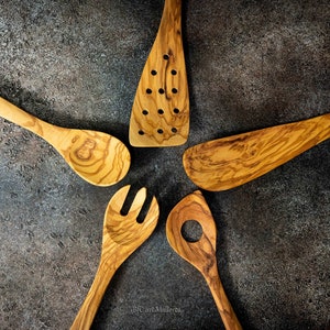 Olive Wood Kitchen Utensils Set of 5, Cooking Cutlery Olive Wood Set ...
