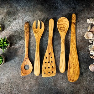 Olive Wood Kitchen Utensils Set of 5, Cooking Cutlery Olive Wood Set ...