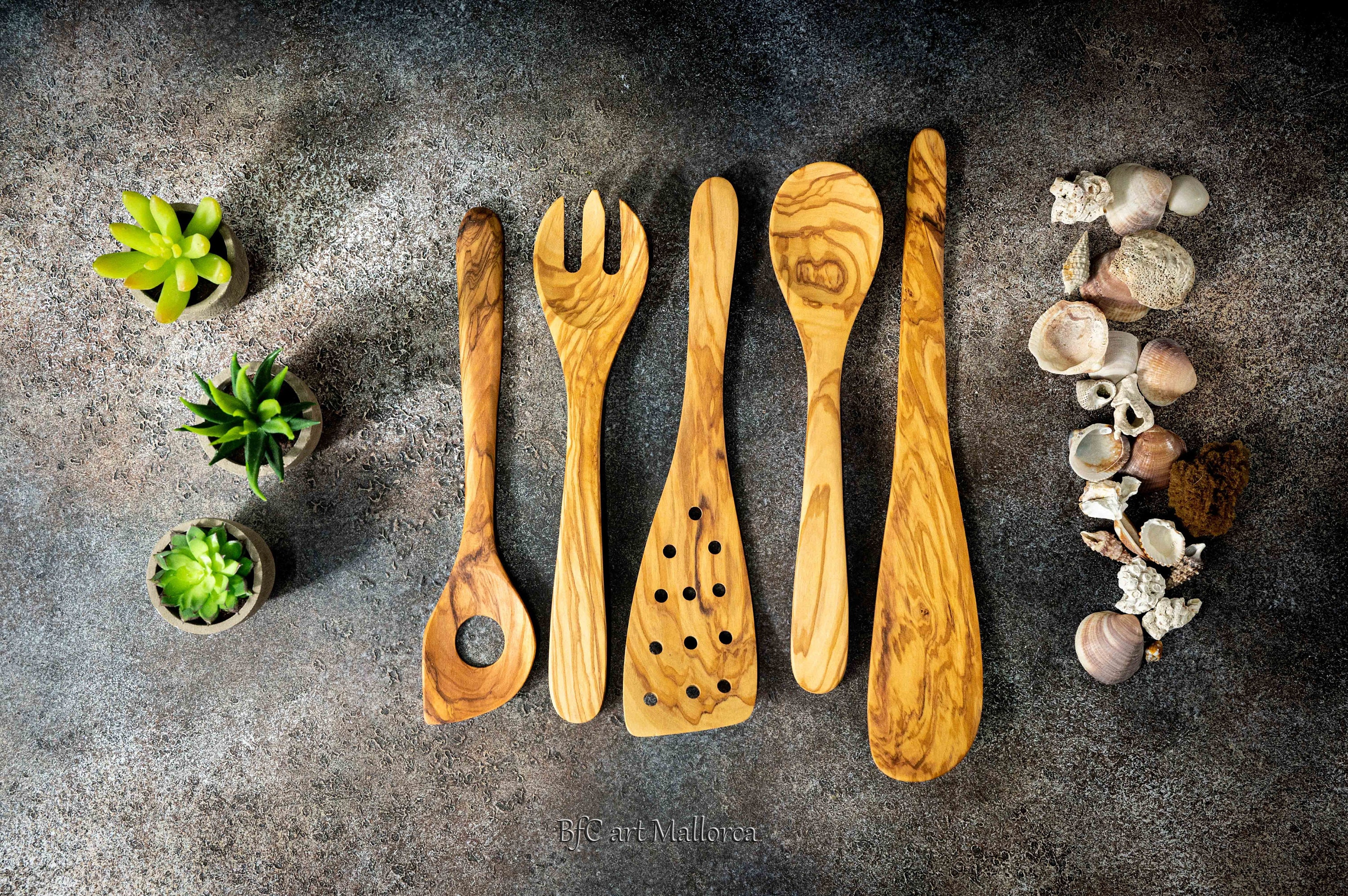 Olive Wood Kitchen Utensils Set of 5, Cooking Cutlery Olive Wood Set ...