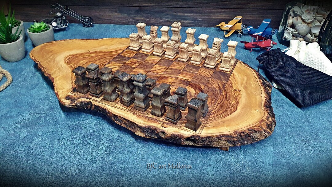 Unique Rustic Chess Set Board With Natural Edges Hand Made in Olive ...
