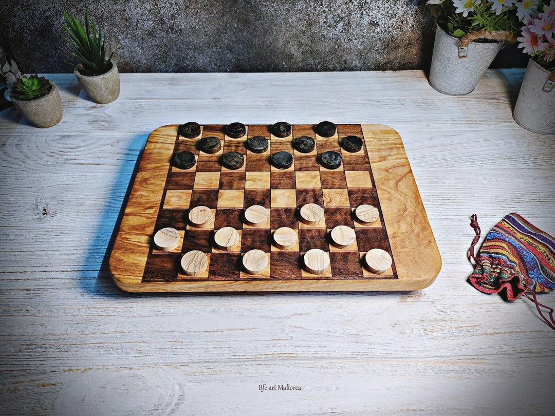 Handmade Olive Wood Checkerboard Game Set - Rustic Chessboard for ...